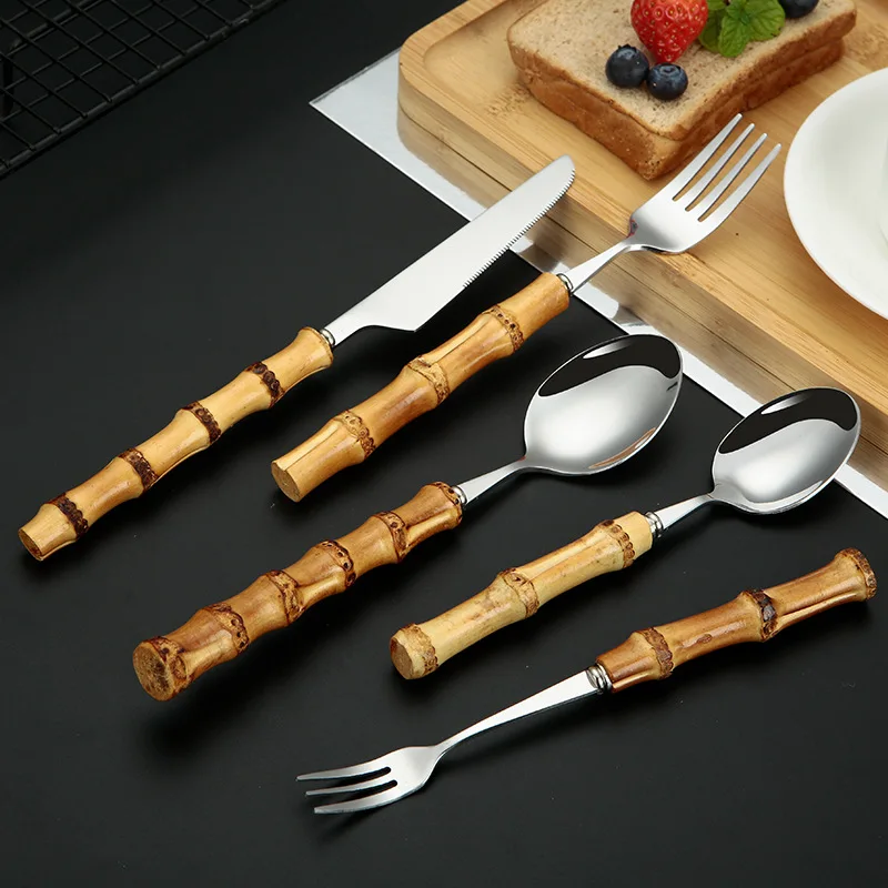 Creative Bamboo Ustensils Stainless Steel 4 Pieces Spoon And Fork ...