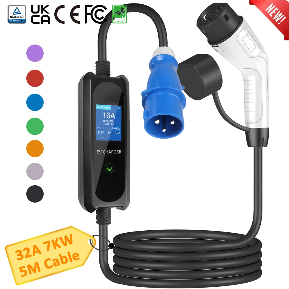 Type 2 CEE Portable EV Charger Adjustable Current 5M 11KW High Power ...