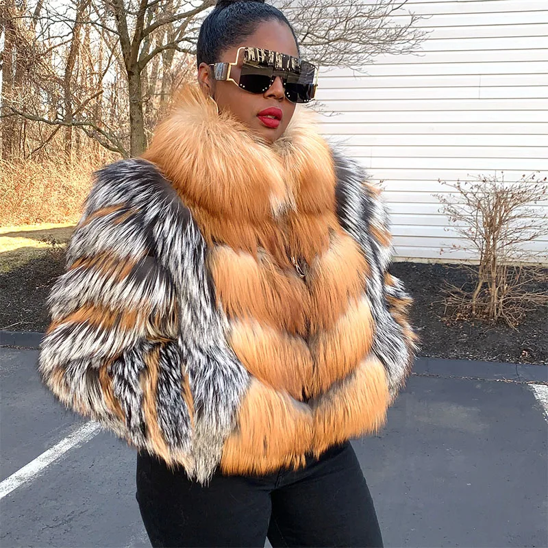 Plus Size Custom Fluffy Furry Collared Real Silver Red Fox Fur ...