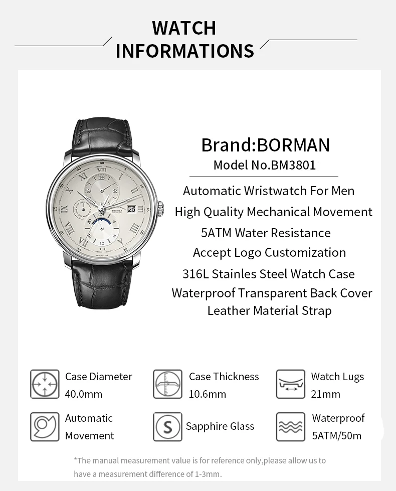 BORMAN Stainless Luxury Leather Belt with Mechanical Watch
