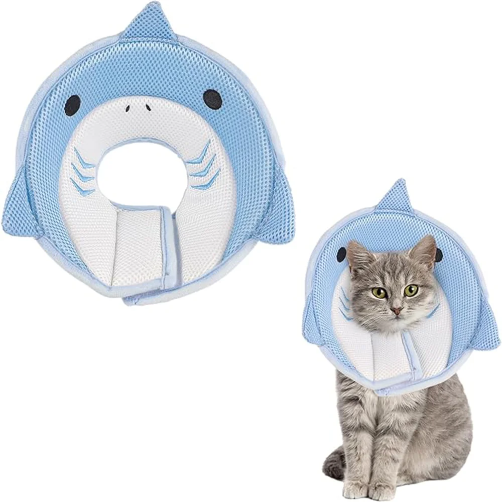 Cute Blue Shark Recovery Collar Soft Adjustable Cat Cones Breathable ...