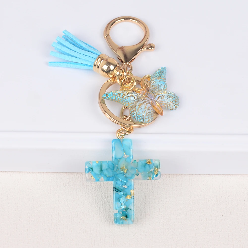 Wholesale New butterfly Fringe Crystal Drop Glue Stone Cross Keychain ...