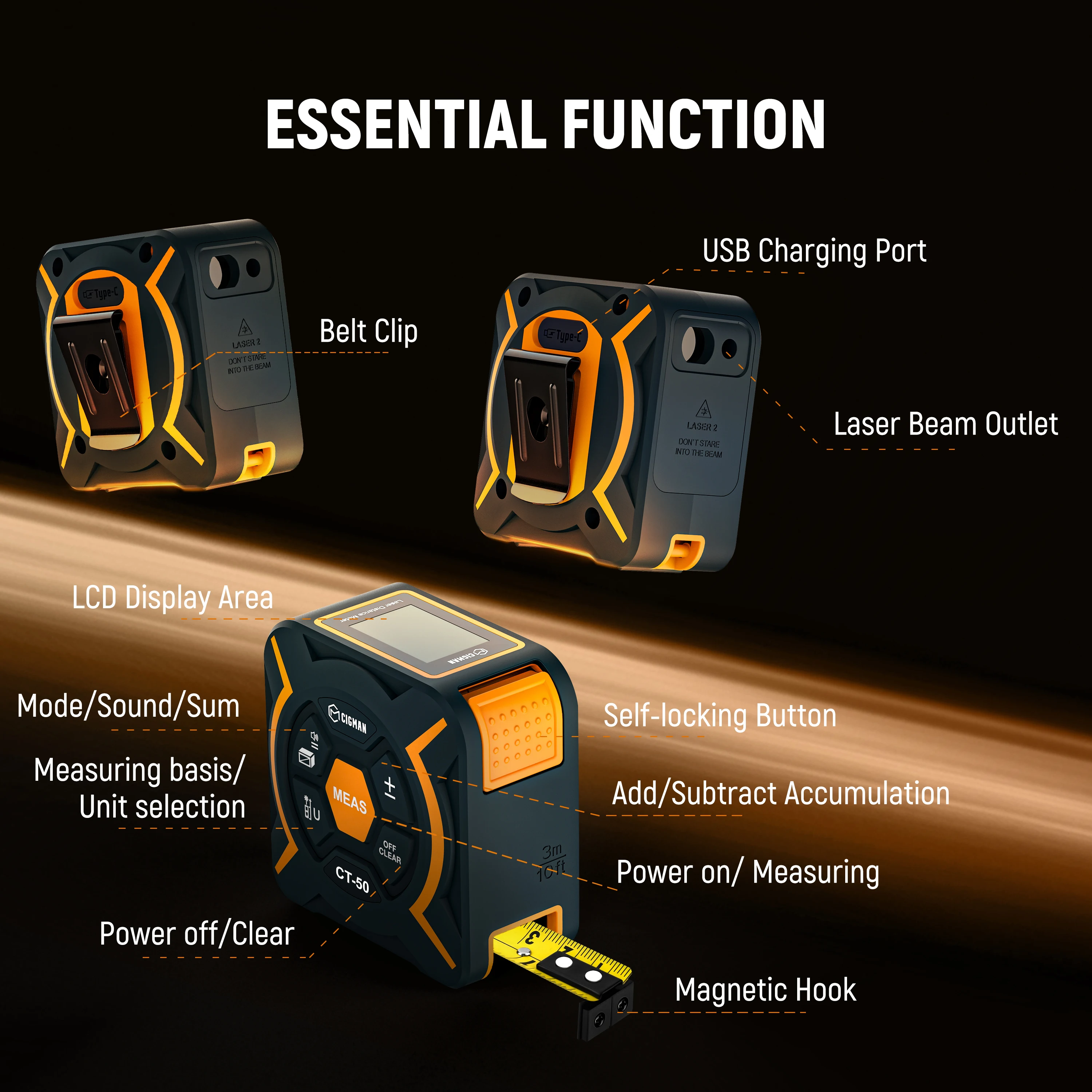 Cigman Laser Distance Meter Tape Measure Digital Measuring Instrument ...