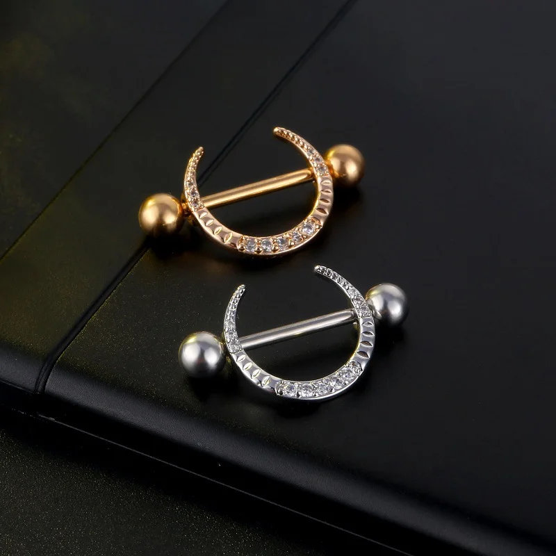 14 Gauge Crescent Moon Nipple Ring Rhinestone Zircon Silver Rose Gold ...