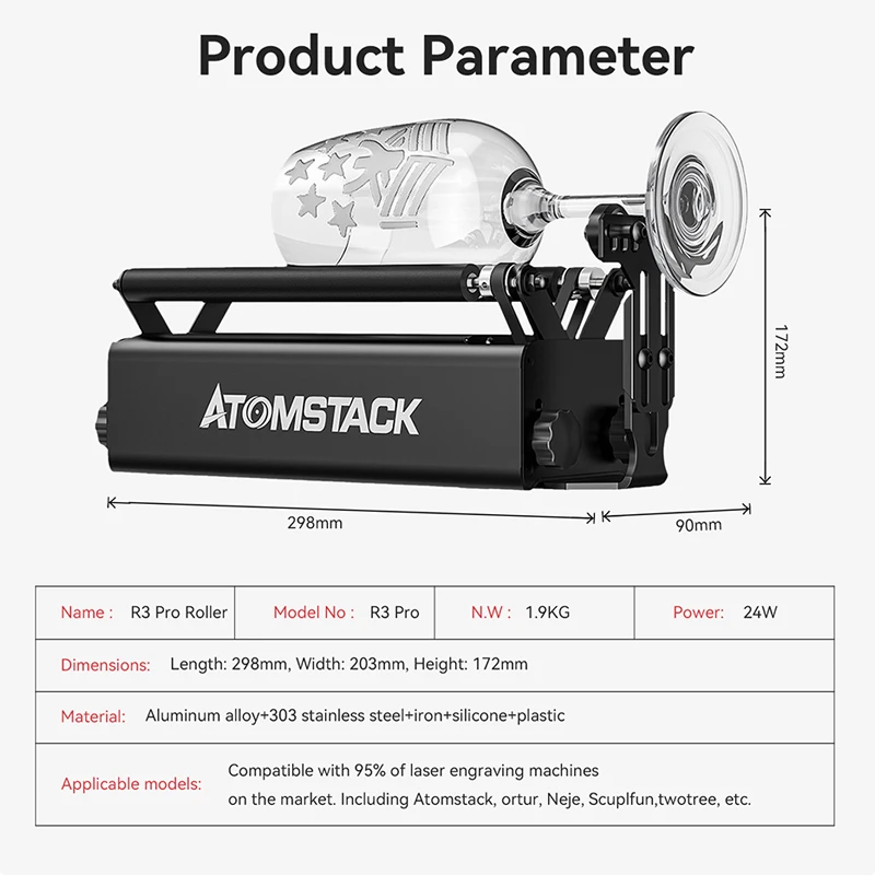Atomstack Laser Engraving Machine R3 Pro Rotary Roller Aluminum Y-axis ...
