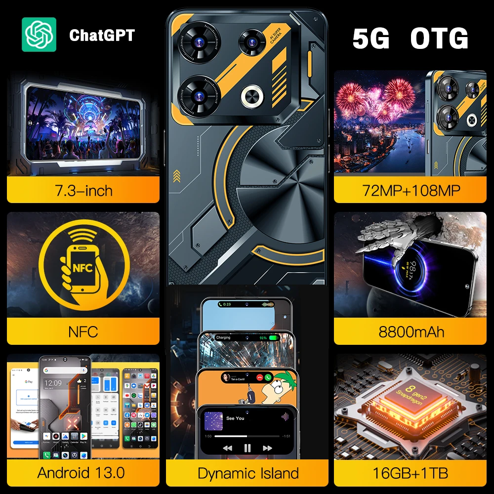 2024 GT10 Pro Smartphone - Android 13, 16GB+1TB, 7.3 Inch