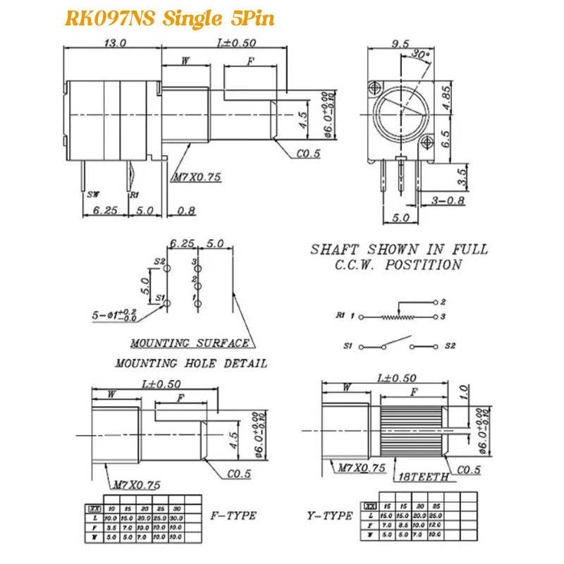 RK097NS single double small potentiometer B5K/10K/20K/50K/100K 15mm ...