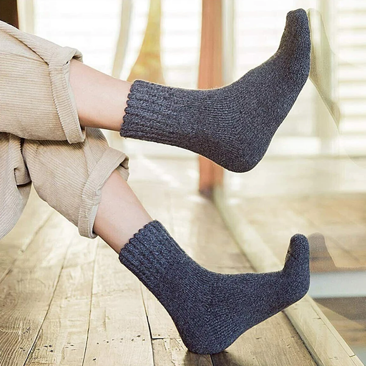 5 Pairs Men Solid Color Wool Socks Heavy Duty Warm Thermal Merino Lambs ...