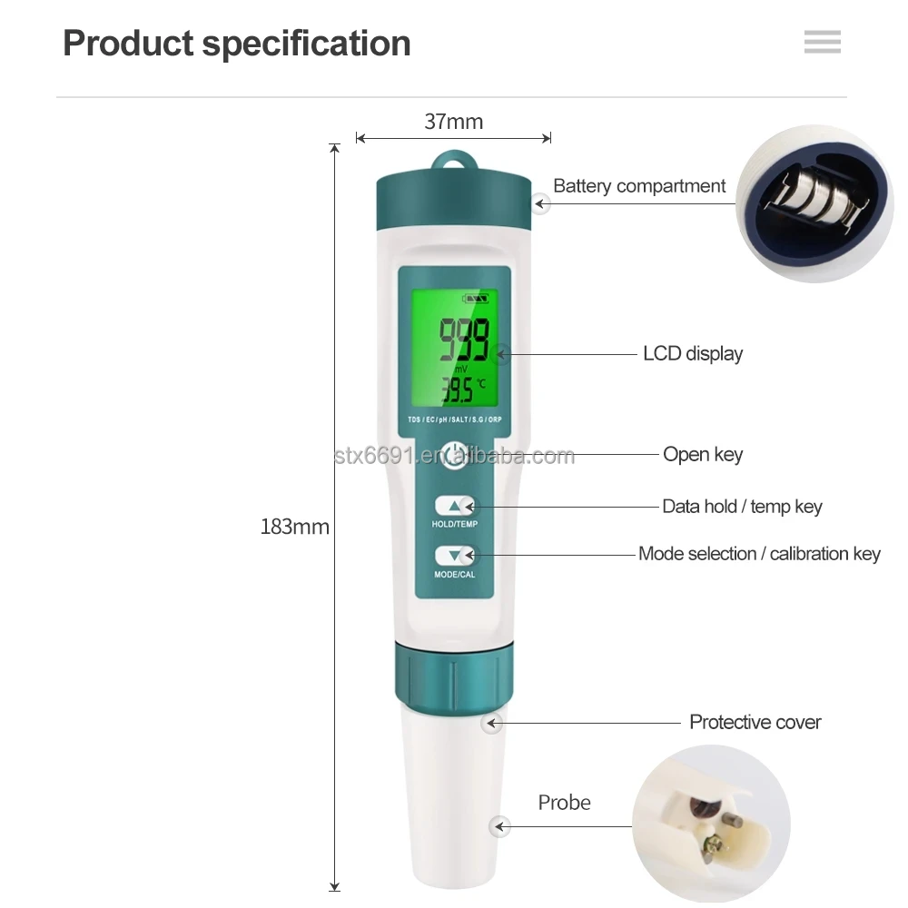 7-in-1 Water Quality Detection Pen Detects pH Meter/TDS/TEMP/EC ...
