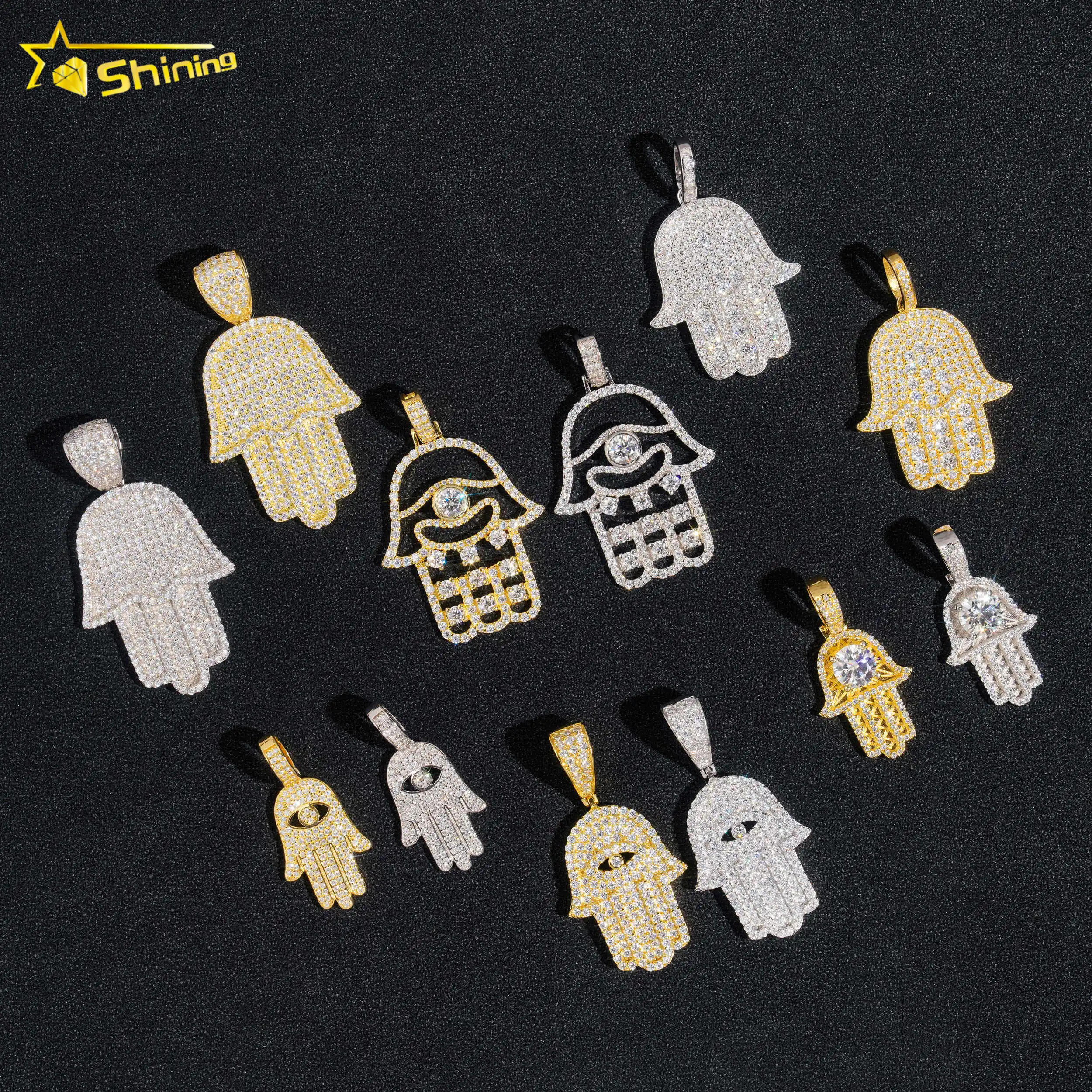 Hip Hop Full Icy Hand Pendants Unisex Silver Moissanite Diamond Hamsa ...