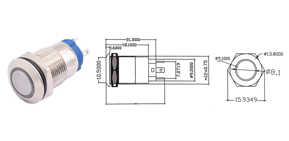 Flat Stainless Steel Switch - 12mm Momentary Latching