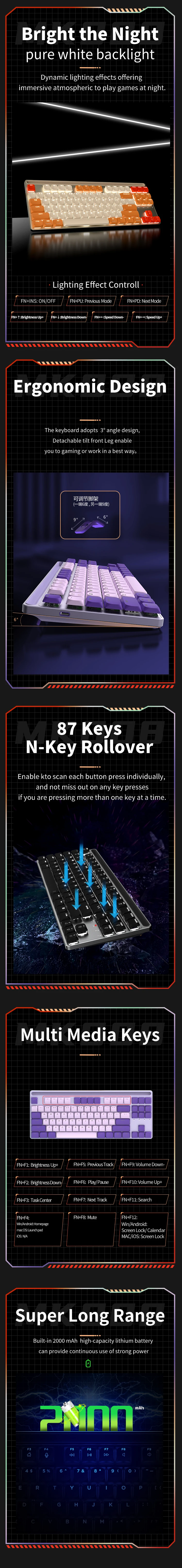 Mechanical Keyboard Brown Switch Gaming Keyboard TKL Style 2.4G BT ...