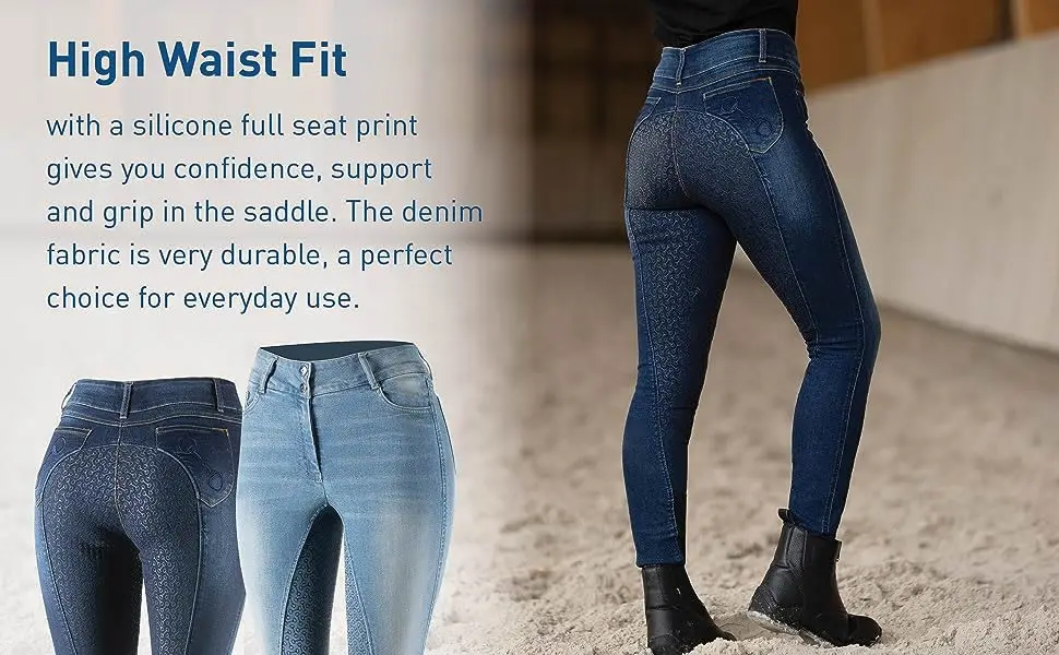 Womens Denim Blue Jeans Riding Full Seat Knee Breeches Silicone Riding ...