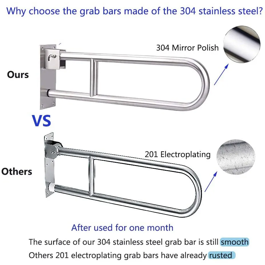 304 Stainless Steel Toilet Grab Bar Swing Up Bathroom U-shape Toilet ...