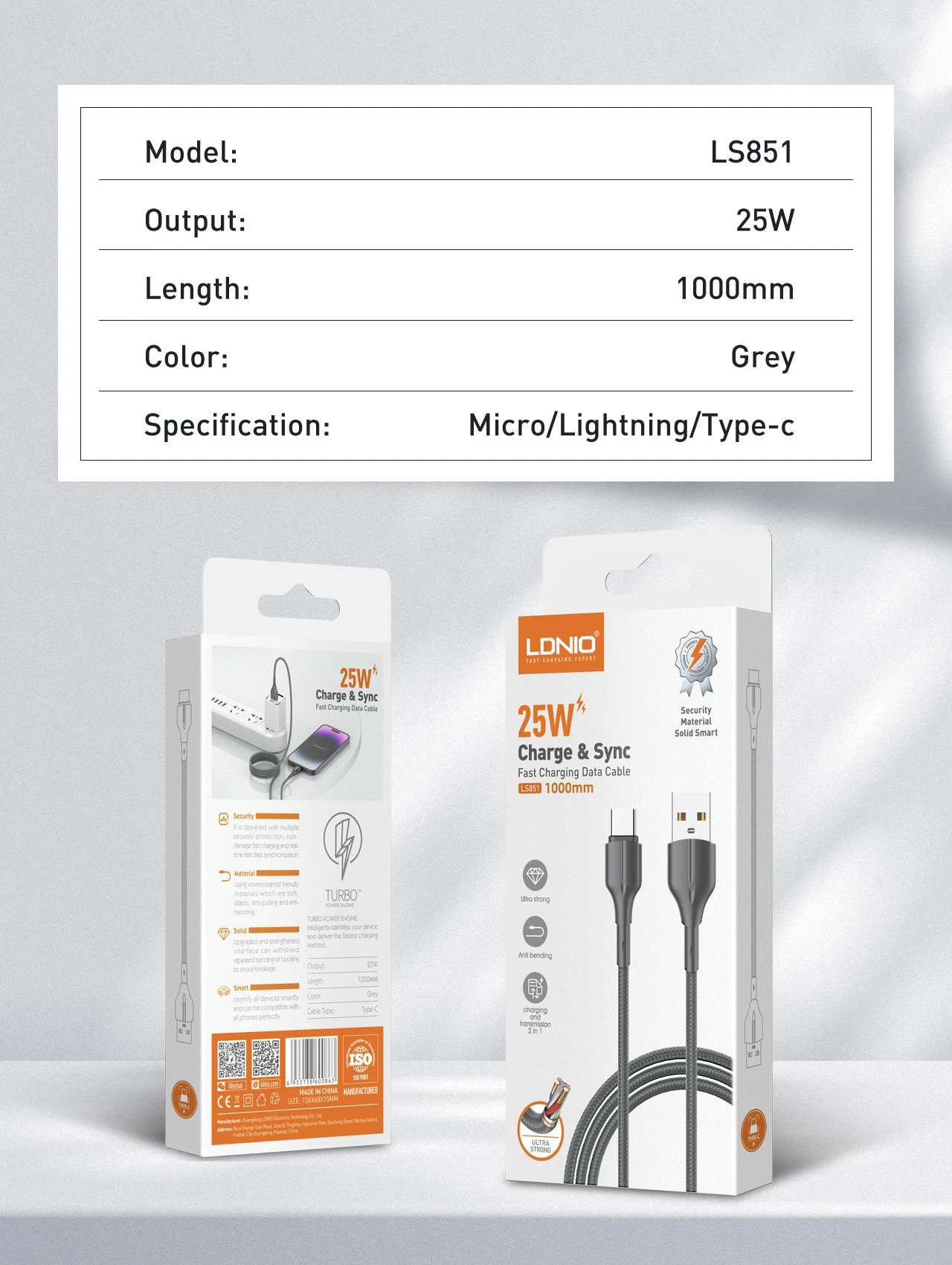 Ldnio Ls851 25w Fast Usb Data Cable Mobile Phone Micro Type C Plug ...