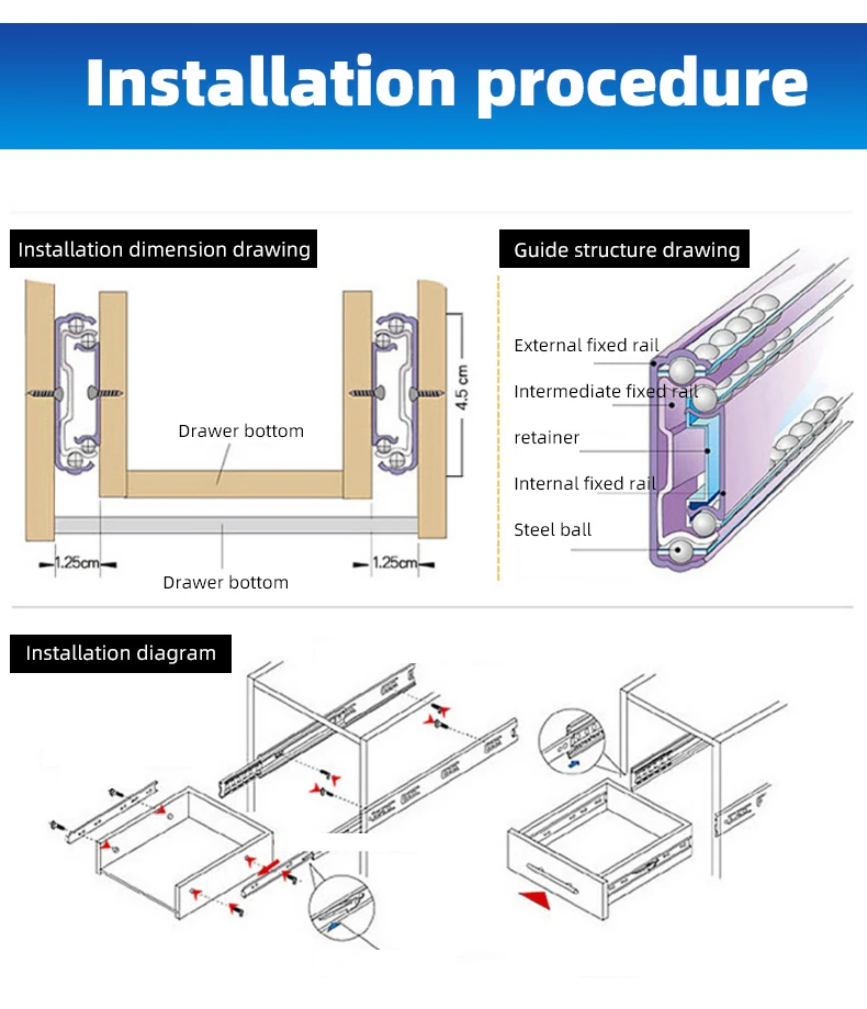 37/38mm Factory Furniture Fittings Drawer Slide Rail Black Single And ...