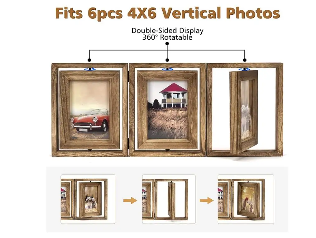 Carbonized Brown Wood Hinged Folding Triple Picture Frames Double-sided ...
