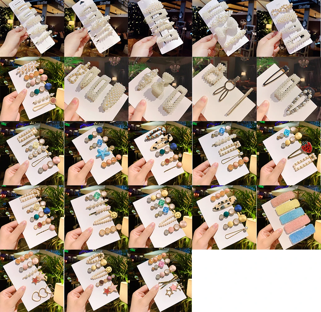 Fashion Geometric Women Girls Bobby Pins Hair Clips Sets Acrylic Pearl ...