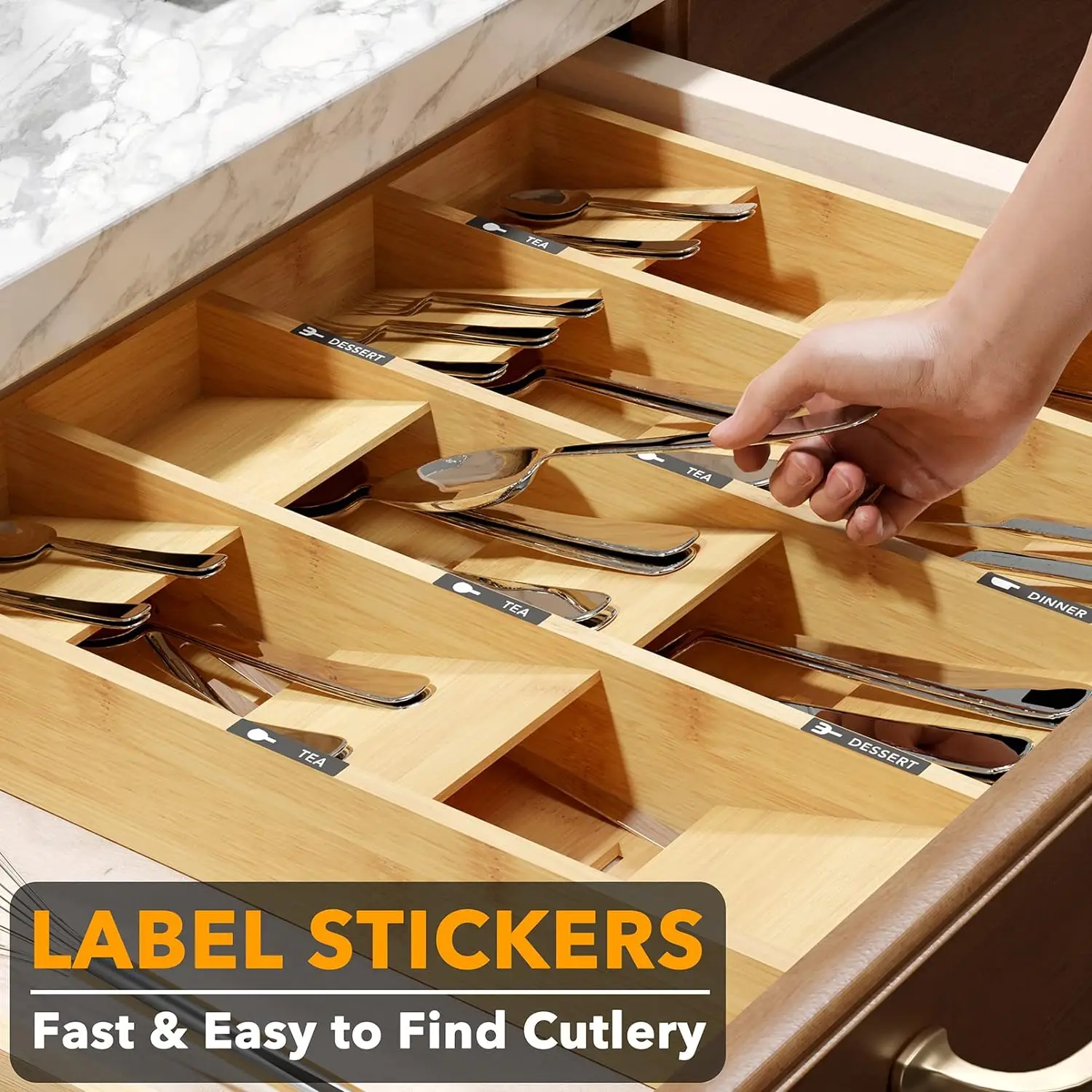 Labeled Bamboo Silver Drawer Storage Device For Storing Cutlery Spoons ...