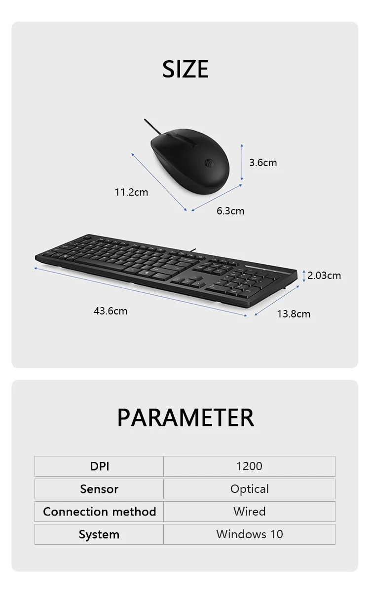 HP 225 Commercial Wired Keyboard and Mouse Set for Windows 10
