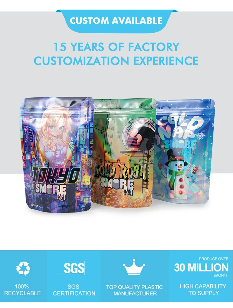 Holographic Smell Proof Ziplock Packaging 3.5oz Resealable 1 Gram 4g ...