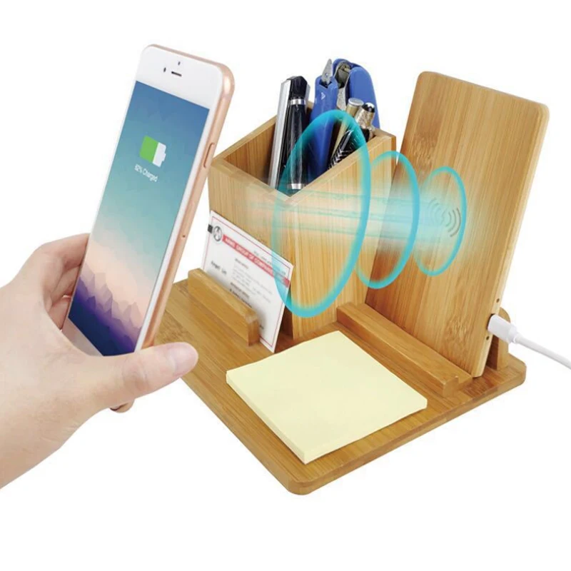 Multifunctional Bamboo Wireless Charging Station With Pen Holder Desk ...