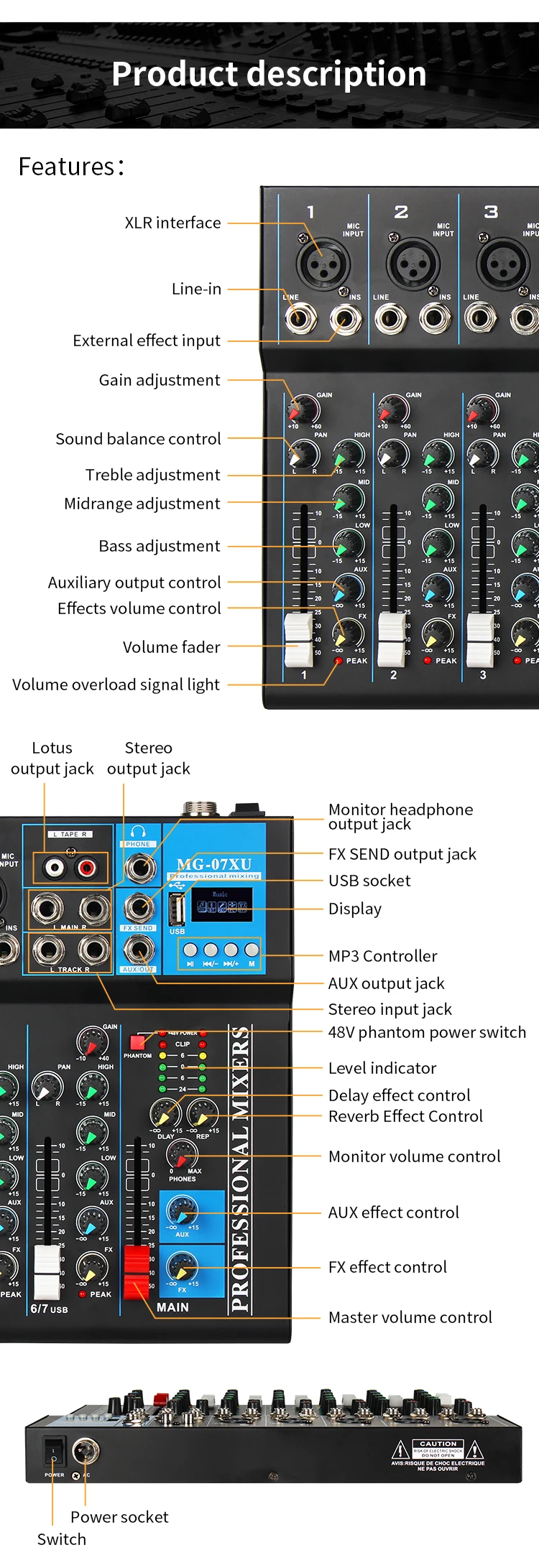 7 Channels Professional Studio Audio Reverb Dj Mixer