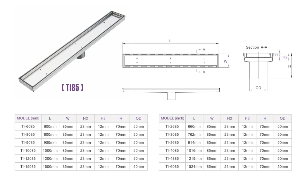 Stainless Steel Tile Insert Linear Floor Drain Square Linear Bathroom ...