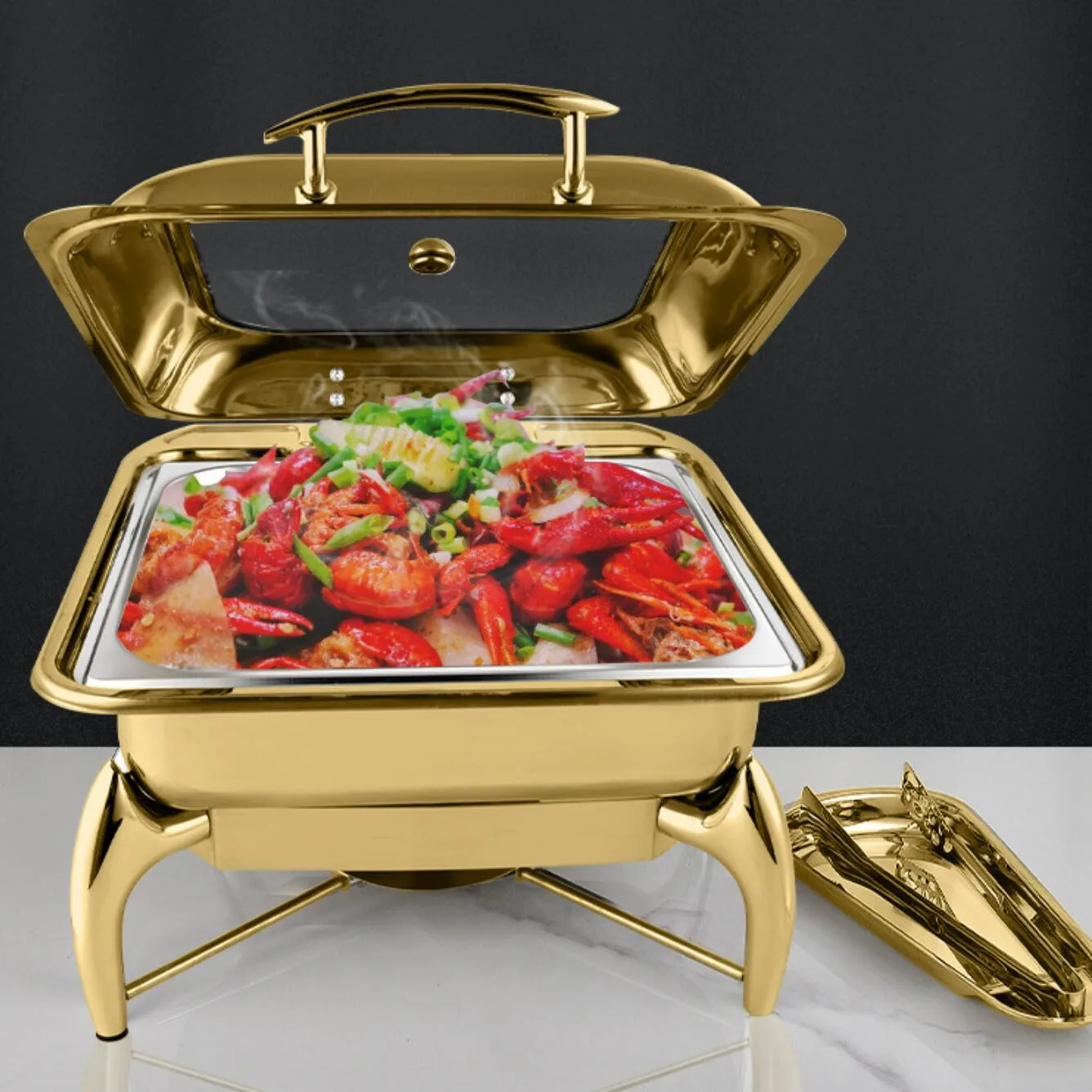 Square Chafing Dish Buffet Set Luxury Gold / Catering Stand For Food Display Chafing Dish - Buy ...