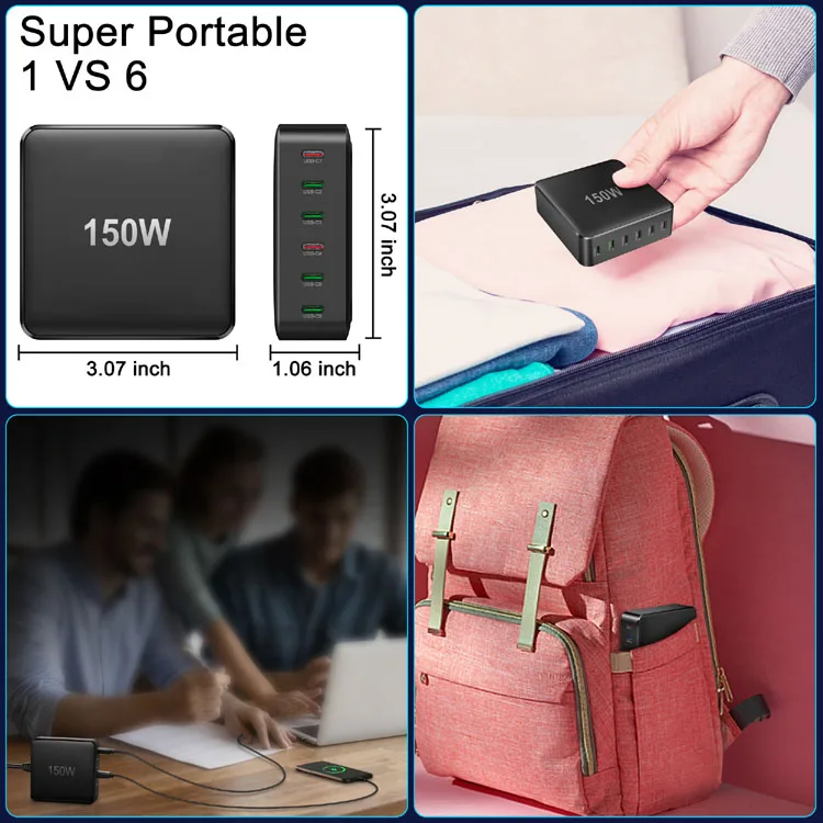 130w 150w Gan Usb Type C Qc3.0 Pd Us Eu Uk Multi 6 Port Super Fast ...