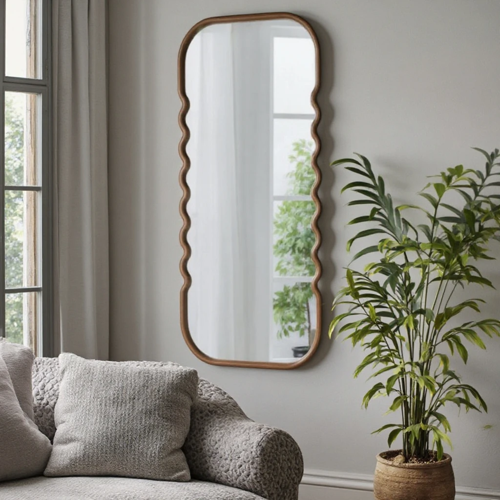 Oversized Unique Vintage Brown Wood Framed Long Wavy Mirror Full Length ...