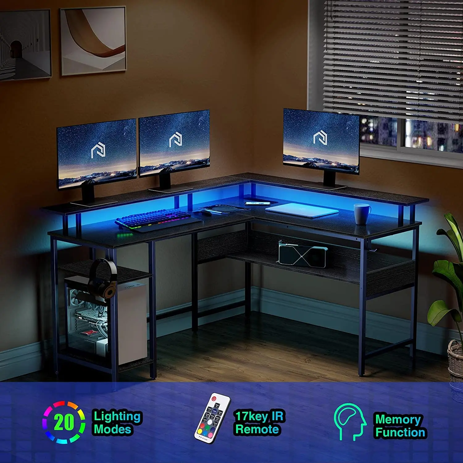 Computer Desk L Shaped with LED Strip Power Outlets Board Reversible ...