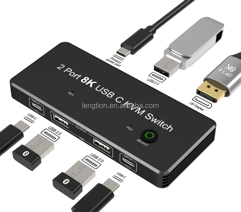 KVM Switch 2 Port USB C to Displayport With 3xUSB2.0 8K@60Hz 4K@144Hz ...