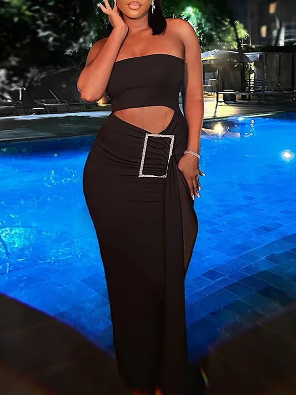 Women's Solid Color Sexy Chest Wrapped Hollow Out Dress Sleeveless One ...