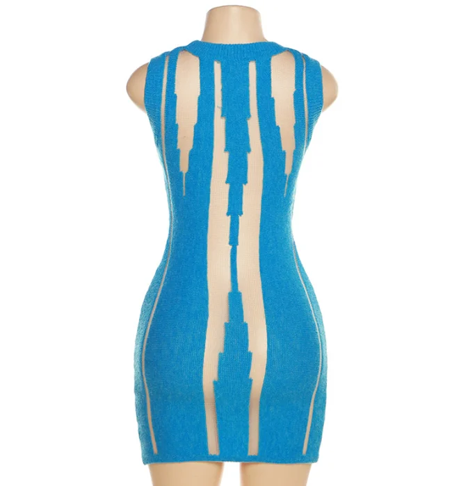 Sexy Night Club Party Mesh Dress For Women Sleeveless See Through Patchwork Knitted Slim Bodycon