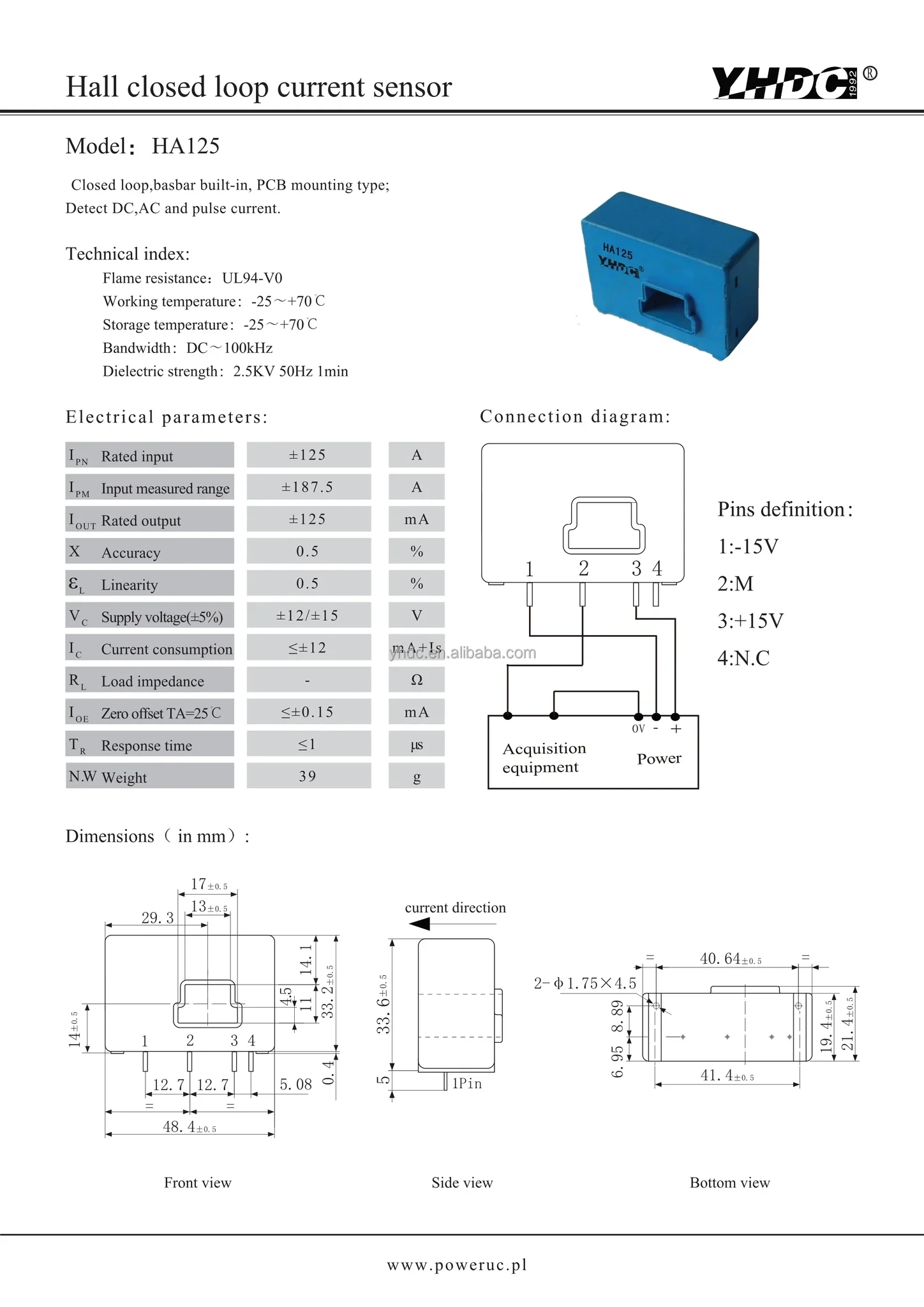 Yhdc Hall Effect Current Sensor / Current Transducer 125a/125ma 1/1000 ...