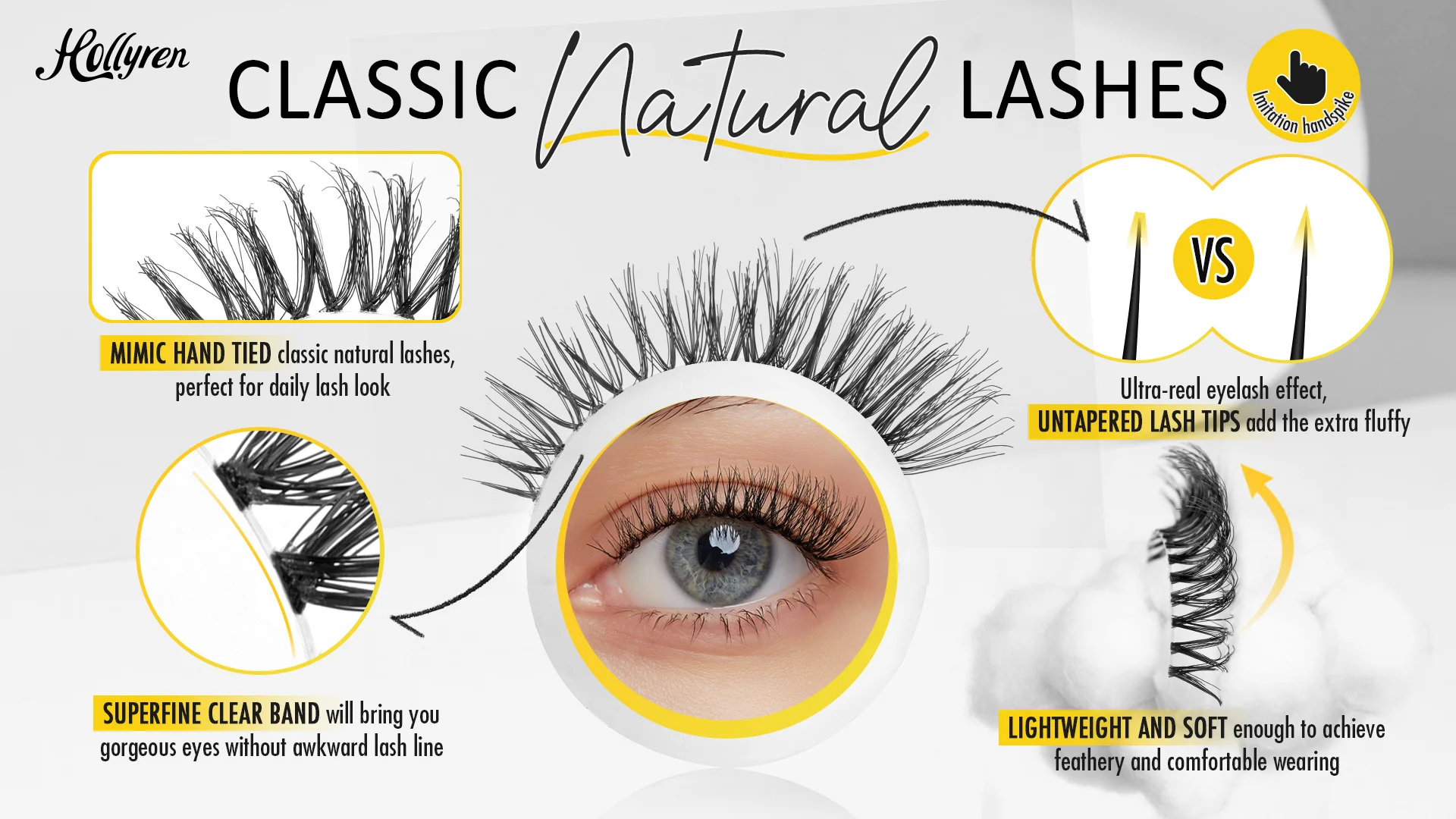 Hollyren Mimic Hand Tied Demi Wispy Natural Lashes Clear Band Superfine ...
