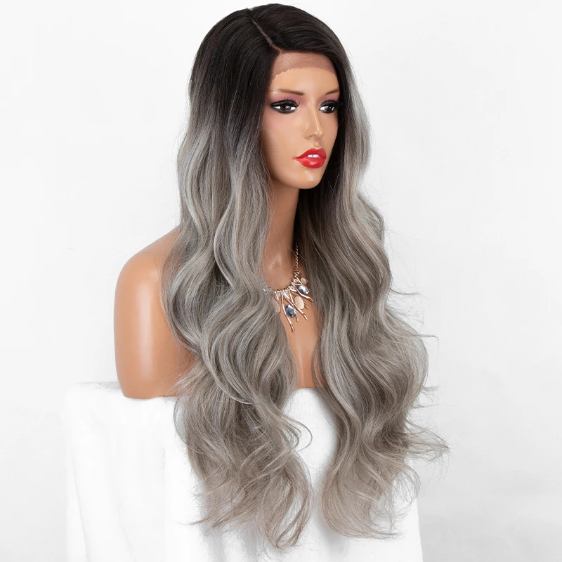 Long Ombre Gray Wig Body Wave 13x2.5 Synthetic Lace Front Wig For Women ...