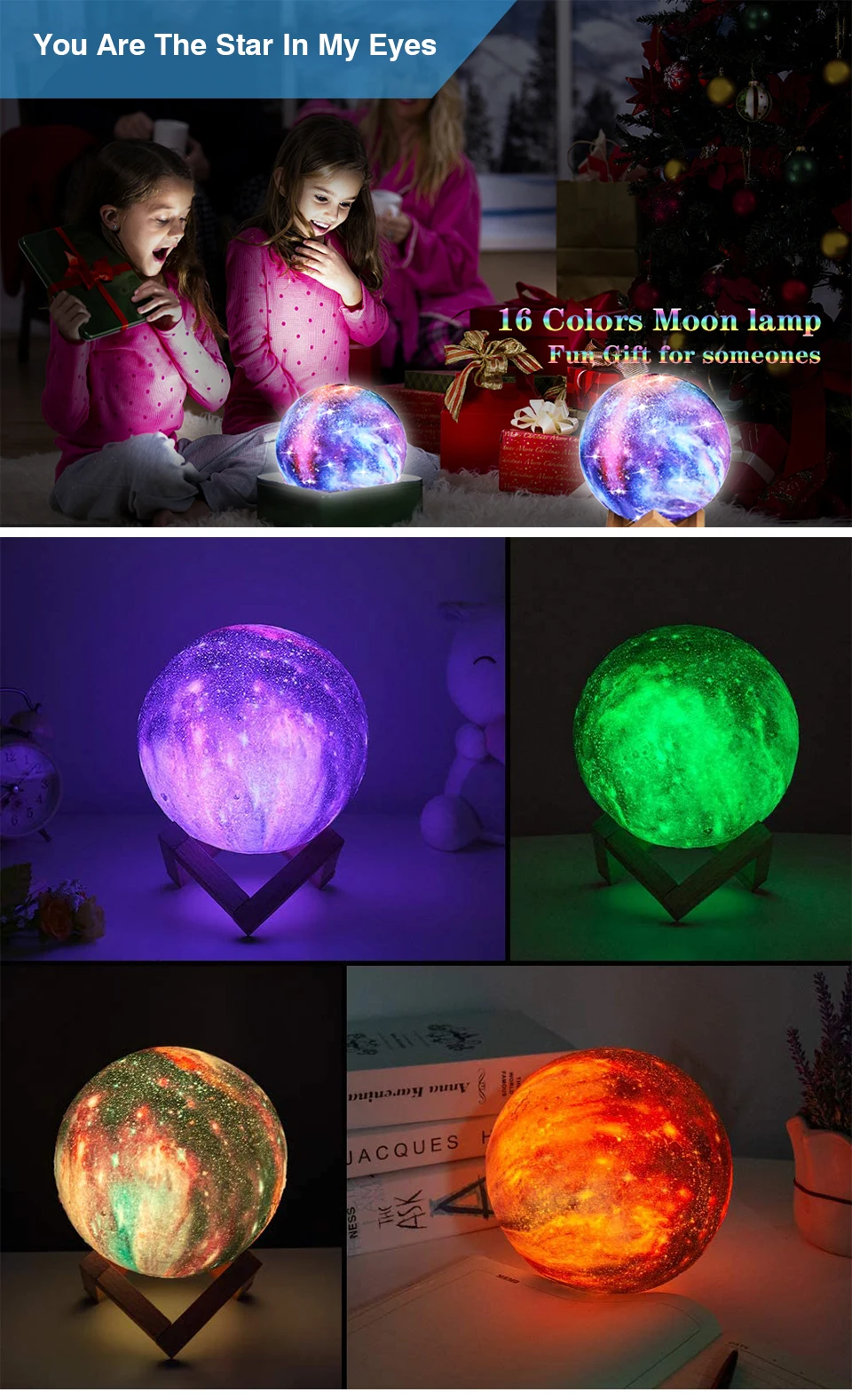 3D Lamp with 16 Colors - Moon Touch Light USB Rechargeable