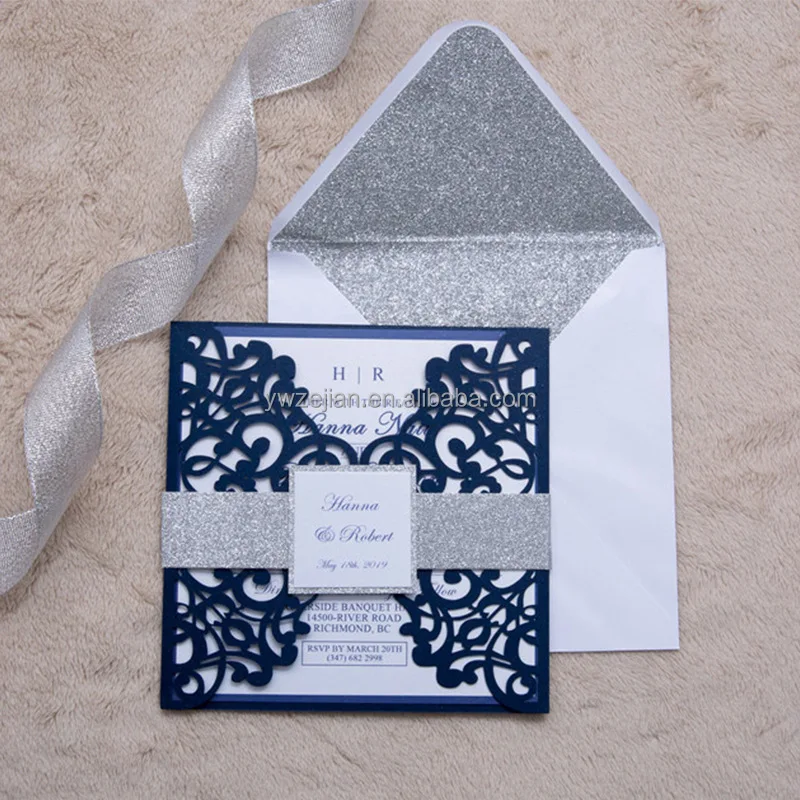 Laser Cut Navy Blue Wedding Invitation Card with Silver Glitter Belt ...