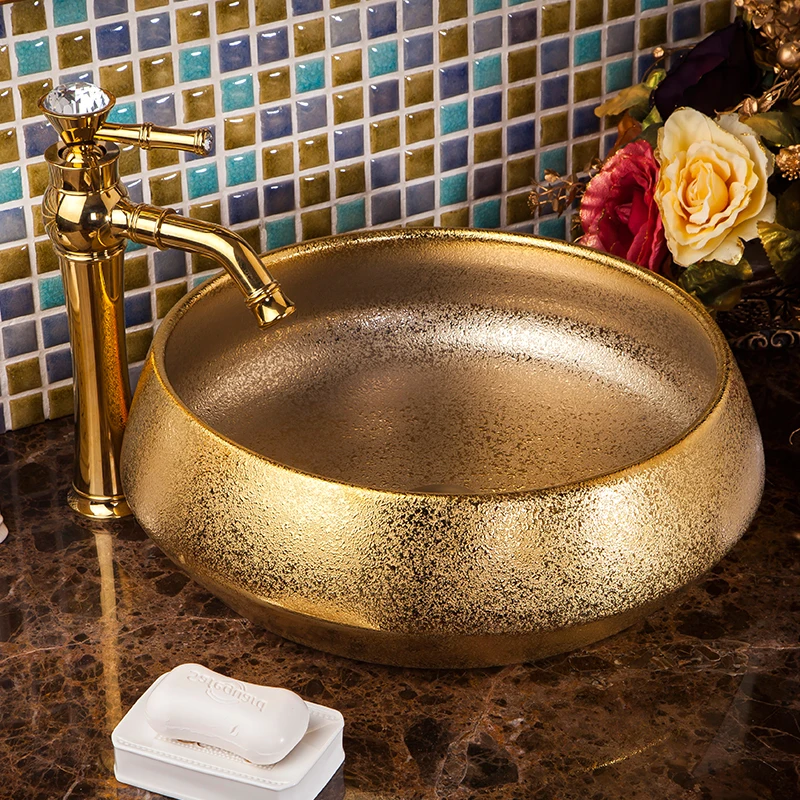 Traditional Golden Chinese Cloakroom Counter Top Porcelain Wash Basin ...