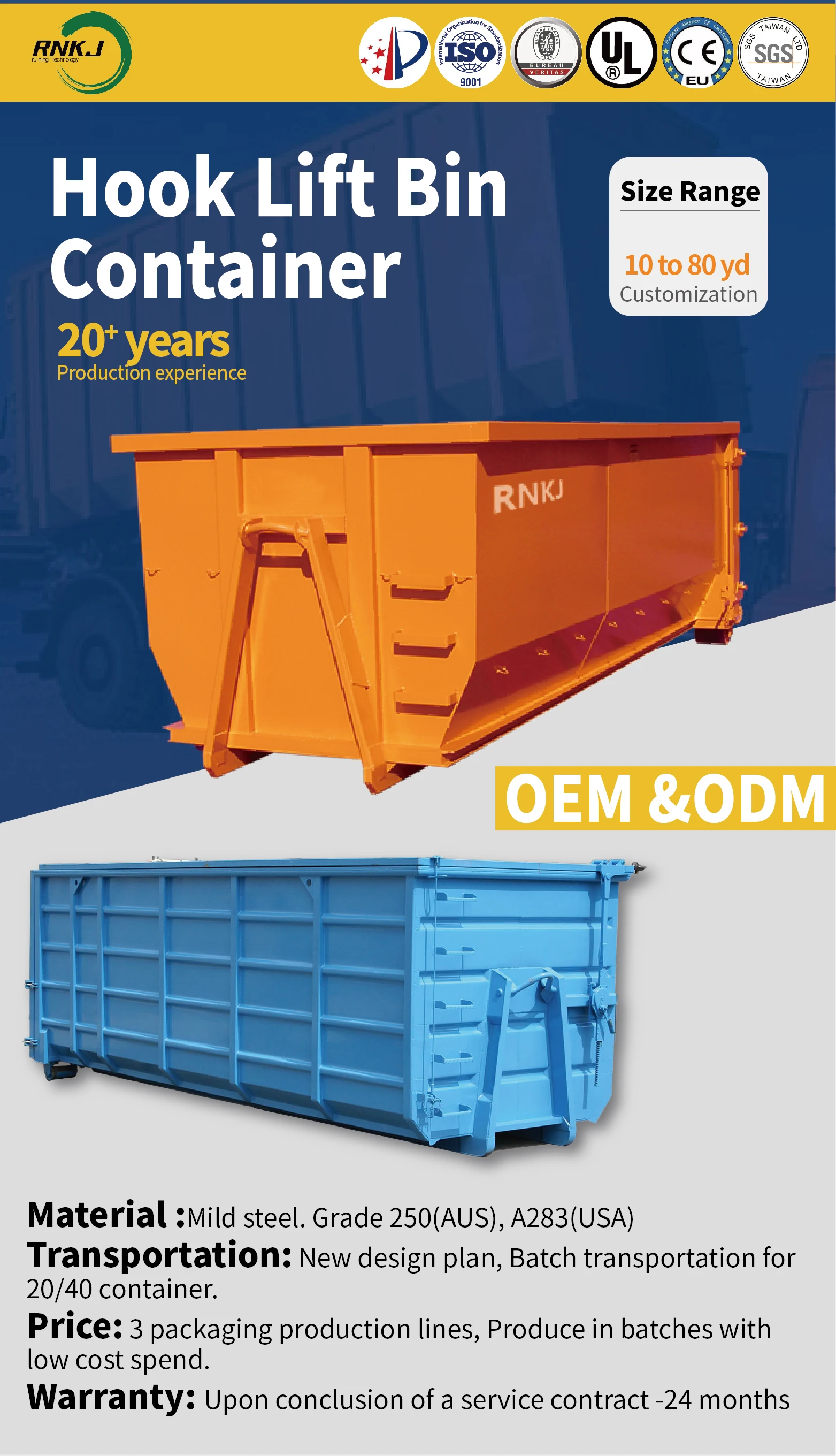 RNKJ Roll off Dumpster Hook Lift Containers - Large Capacity
