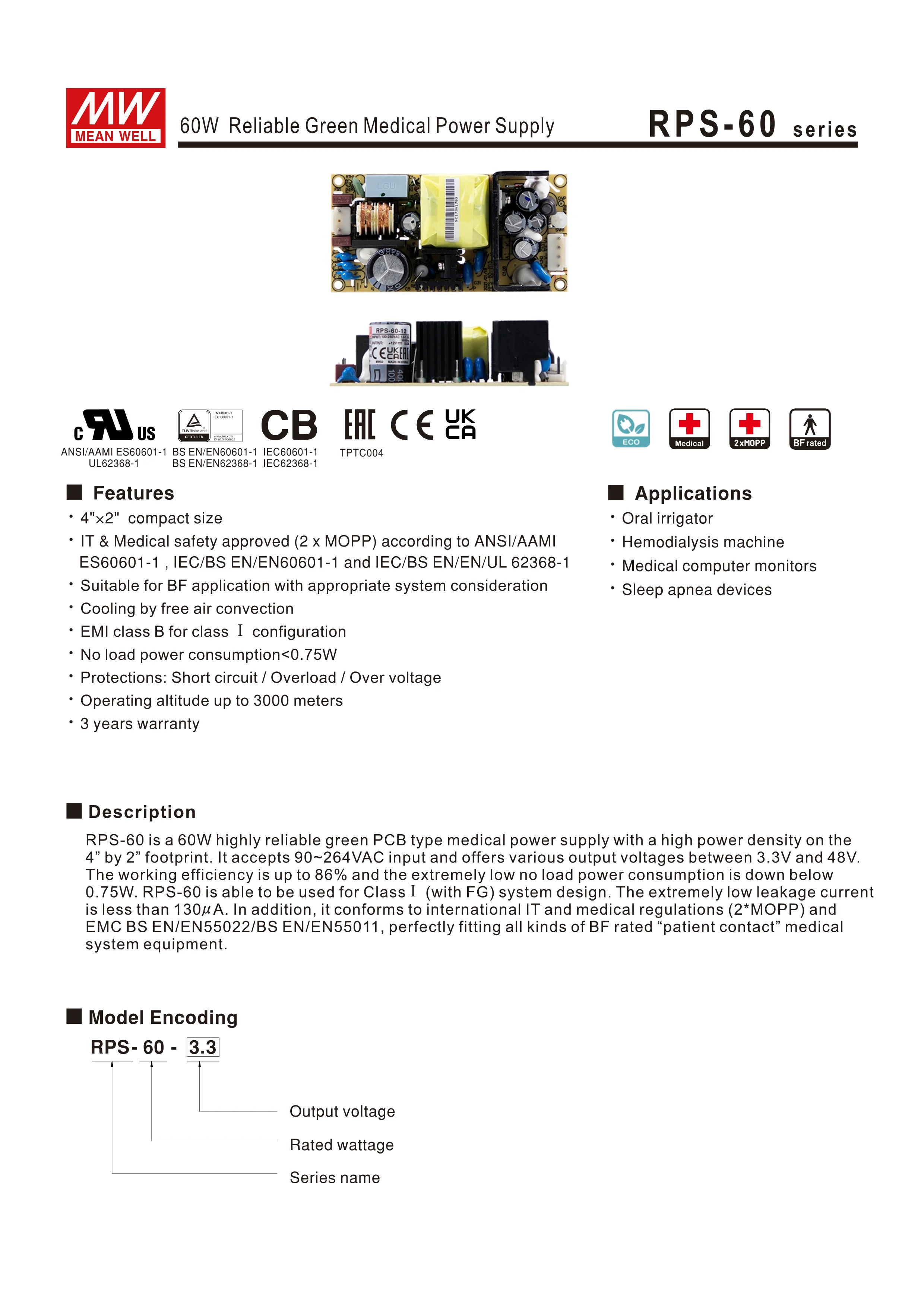 Mean Well 5v 60w 10a Rps-60-5 Reliable Green Medical Power Supply ...