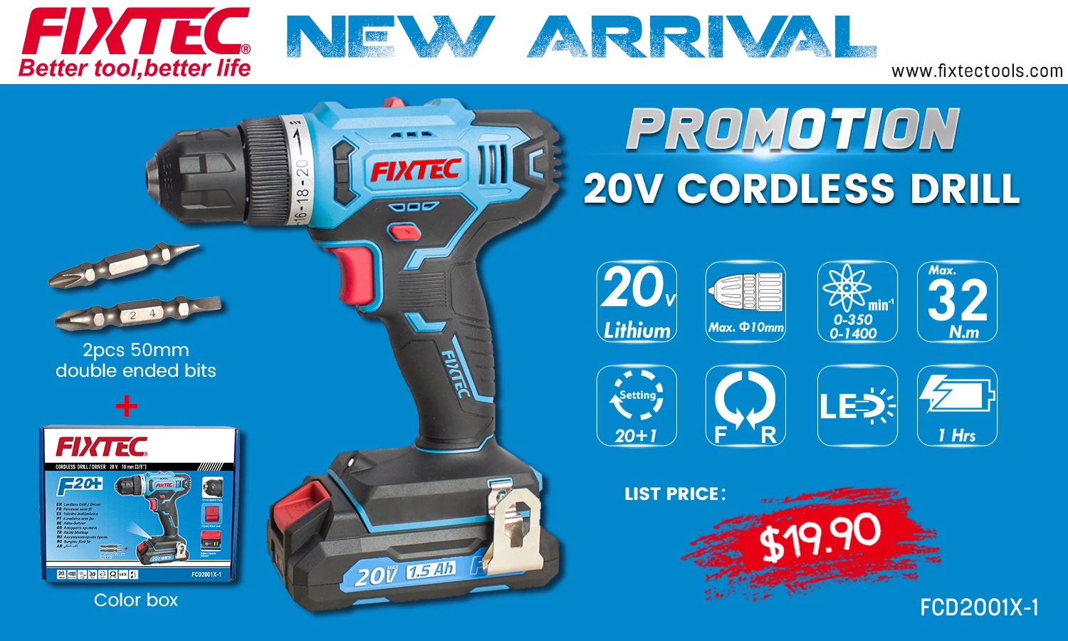 FIXTEC Hand Drill Machine 20V Lithium Ion Battery Power Tools 10mm 32N.m Electric Mini Cordless ...