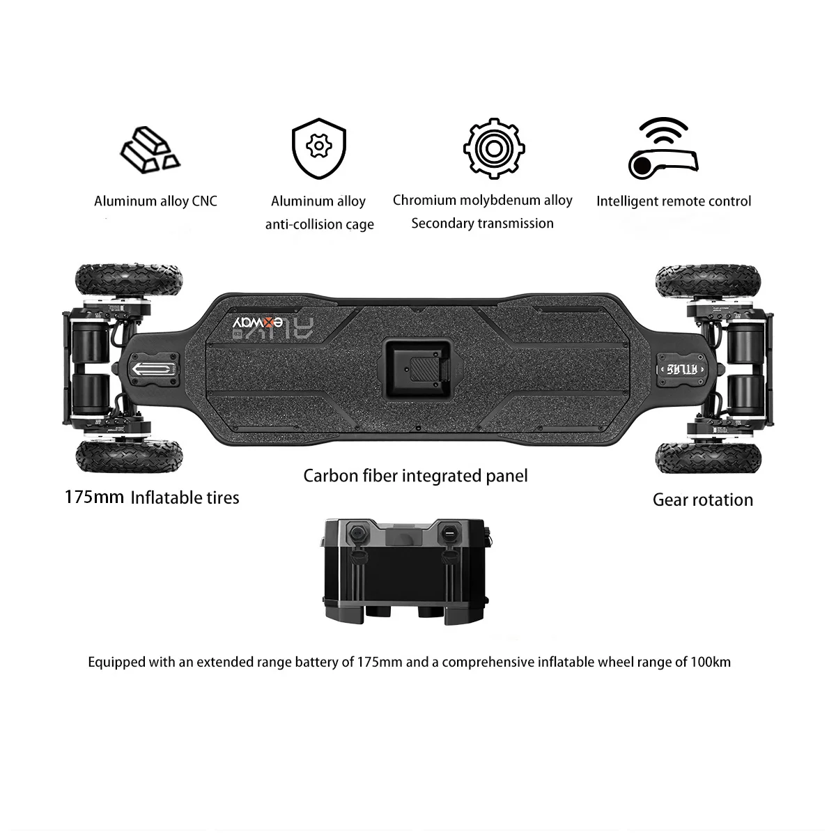 Exway Atlas Pro Gear V2 Electric Skateboard Four-wheel Drive Off-road ...