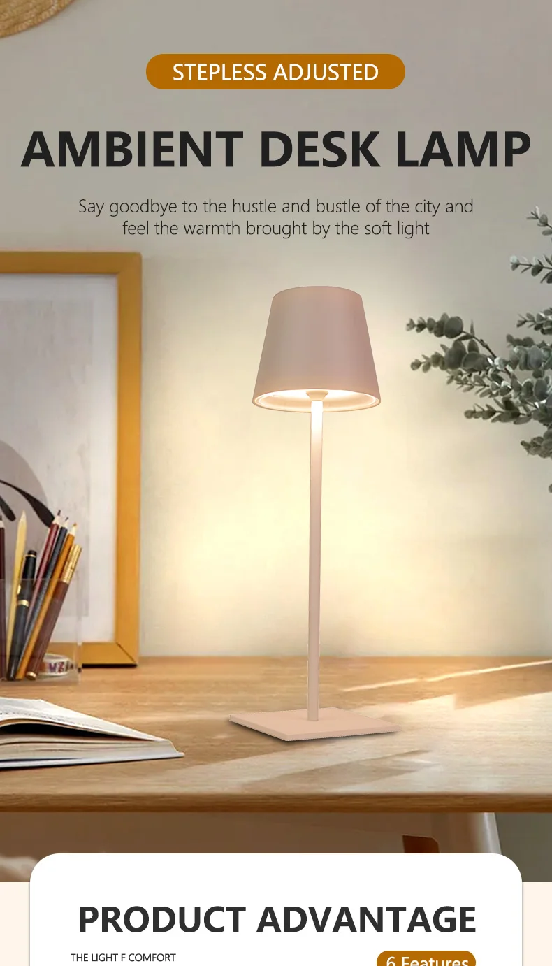 CFTONG Portable Metal LED Cordless Desk Lamp - Stepless Dimming