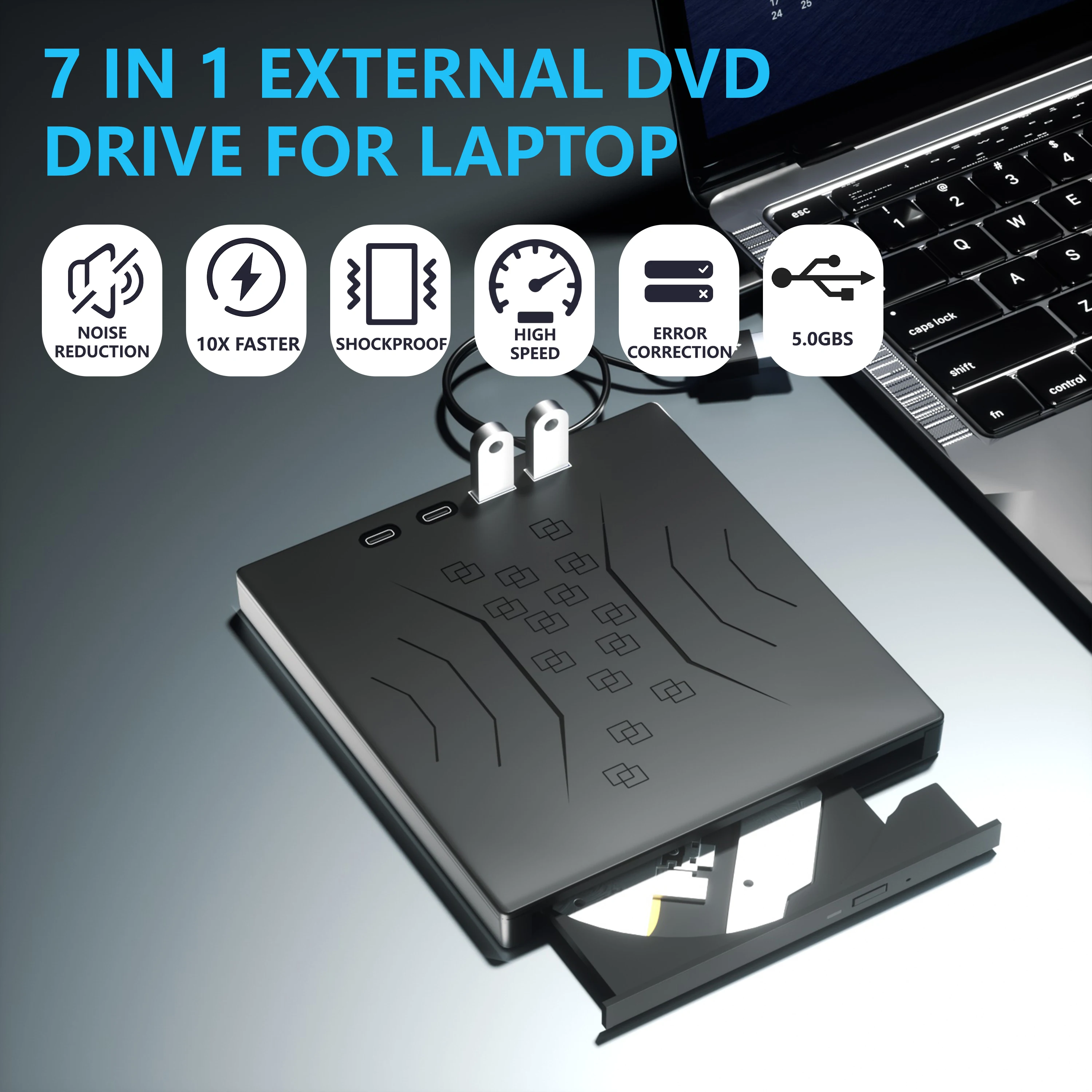 7 in 1 External DVD Drive - Portable & Versatile Solution