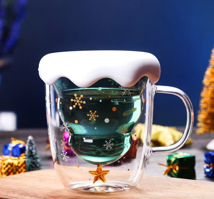 Creative Glass With Handle Christmas Tree Wishing Cup Double Layer Heat ...
