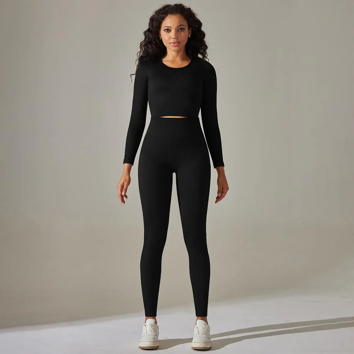 Long Sleeve Crop Top Tights - Yoga Workout Set for Women