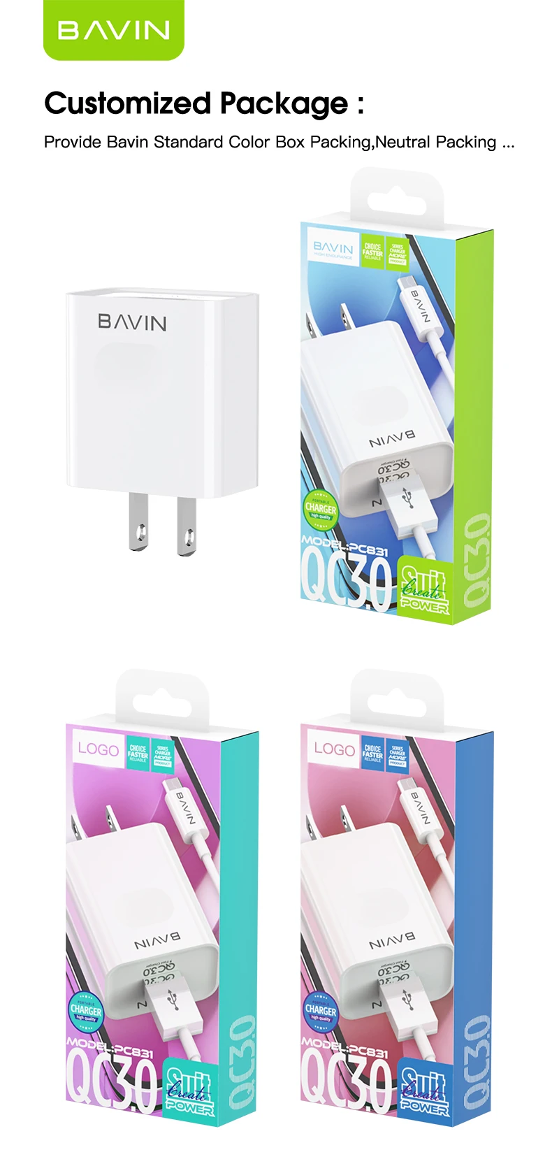 Bavin Cheap Wholesale Price Custom UK EU US Single Micro USB Port QC3.0 Charger QC 3.0 Fast ...